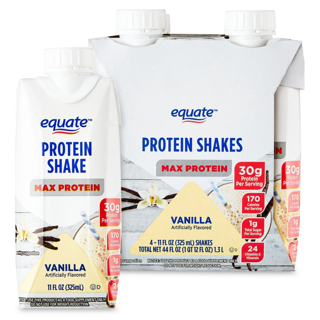 Equate Max Protein Nutrition Shake, Vanilla, 11 fl oz, 4 Count – Water ...